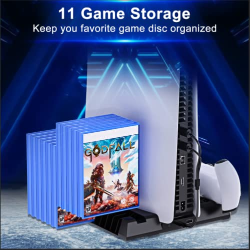 PS5 Stand with Cooling Station for PlayStation5 Disc & Digital Edition, Dual PS5 Controller Charging Station Dock, with Cooling Fan,11 Games Storage
