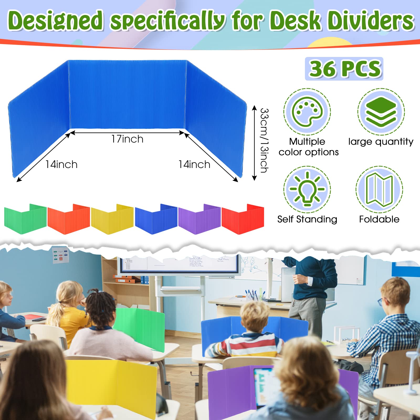 Qunclay 36 Pack Privacy Boards for Students Desk Dividers Classroom Privacy Folders Panel Desk Shields Bulk Plastic Test Dividers Waterproof for School Office Home 17 x 14 x 13 Inches, 6 Colors
