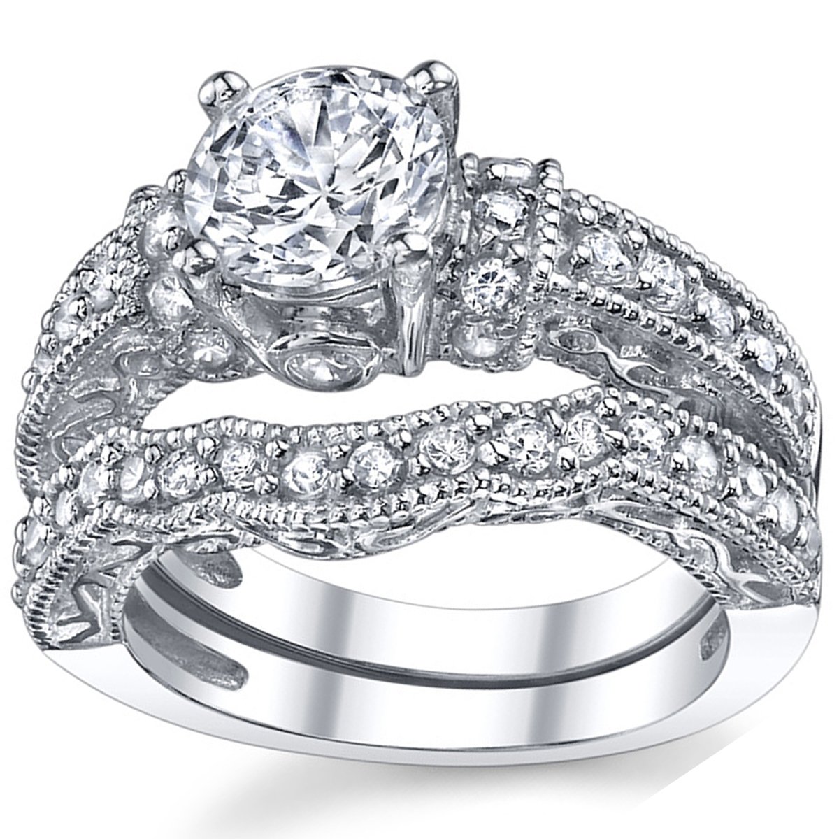 Metal Masters 1.25 Carat Solid Sterling Silver Wedding Engagement Ring Set, Bridal Ring, with Cubic Zirconia CZ Size 8