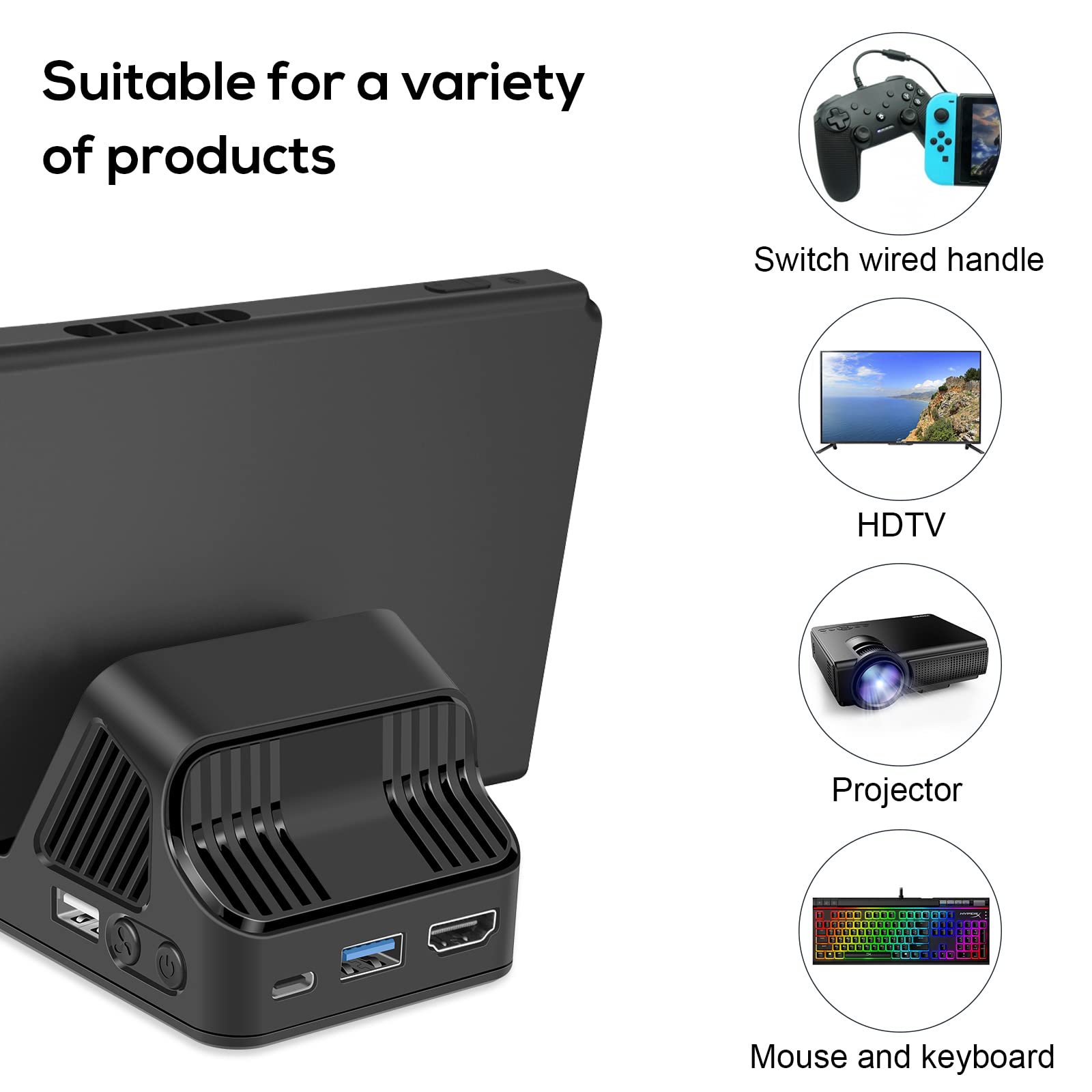 Switch Dock for Nintendo Switch & OLED Model, Portable Switch OLED Charger Stand Support 4K HDMI Output, Replacement for Official Nintendo Switch Base, with 3 USB Ports, HDMI Cables and Cooling Fan