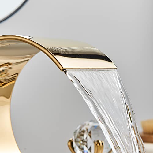 YAGATAP Gold Bathroom Sink Faucet 3 Hole 2 Handle Crystal Knobs High Arc Waterfall Spout Vanity Basin Mixer Tap 8-inch&Upwards Widespread Bathtub Filler Faucet…