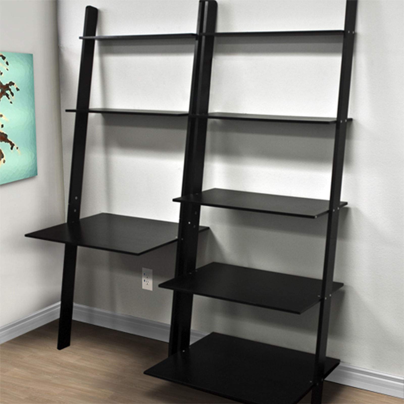 Naphat Shop Black Wood Leaning Shelf Computer Laptop Desk Bookcase Home Office Furniture New