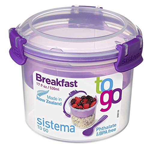 Sistema To Go Collection 1.18 Oz. Salad Dressing Containers, Pink/Green/Blue/Purple, 4 Pack & To Go Collection Breakfast Bowl Food Storage Container, 17.9 oz./0.5 L, Color Received May Vary
