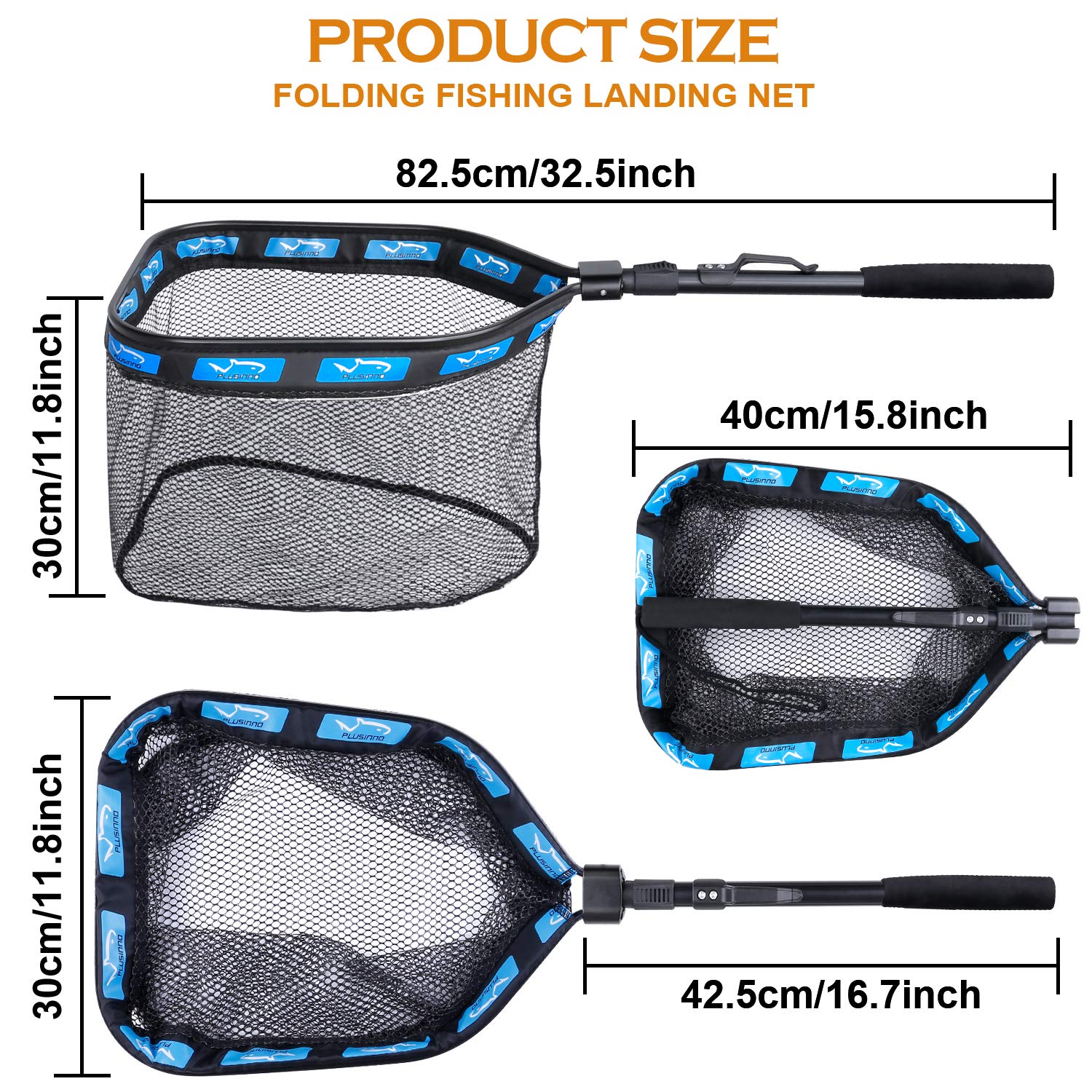 PLUSINNO Floating Fishing Net for Steelhead, Salmon, Fly, Kayak, Catfish, Bass, Trout Fishing, Rubber Coated Landing Net for Easy Catch & Release, Compact & Foldable for Easy Transportation & Storage
