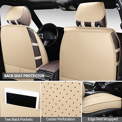 SPEED TREND Car Seat Covers – Premium PU Leather for Ultimate Comfort & Protection, Easy Installation and Universal Fit for Most Cars SUVs Trucks (ST-001 Full Set, TAN)