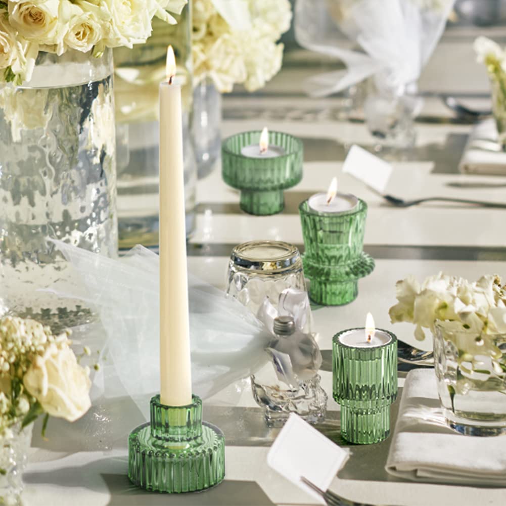 Marycele Glass Candle Holders - Set of 6 Votive and Taper Holders for Wedding Centerpieces and Table Decor, Green