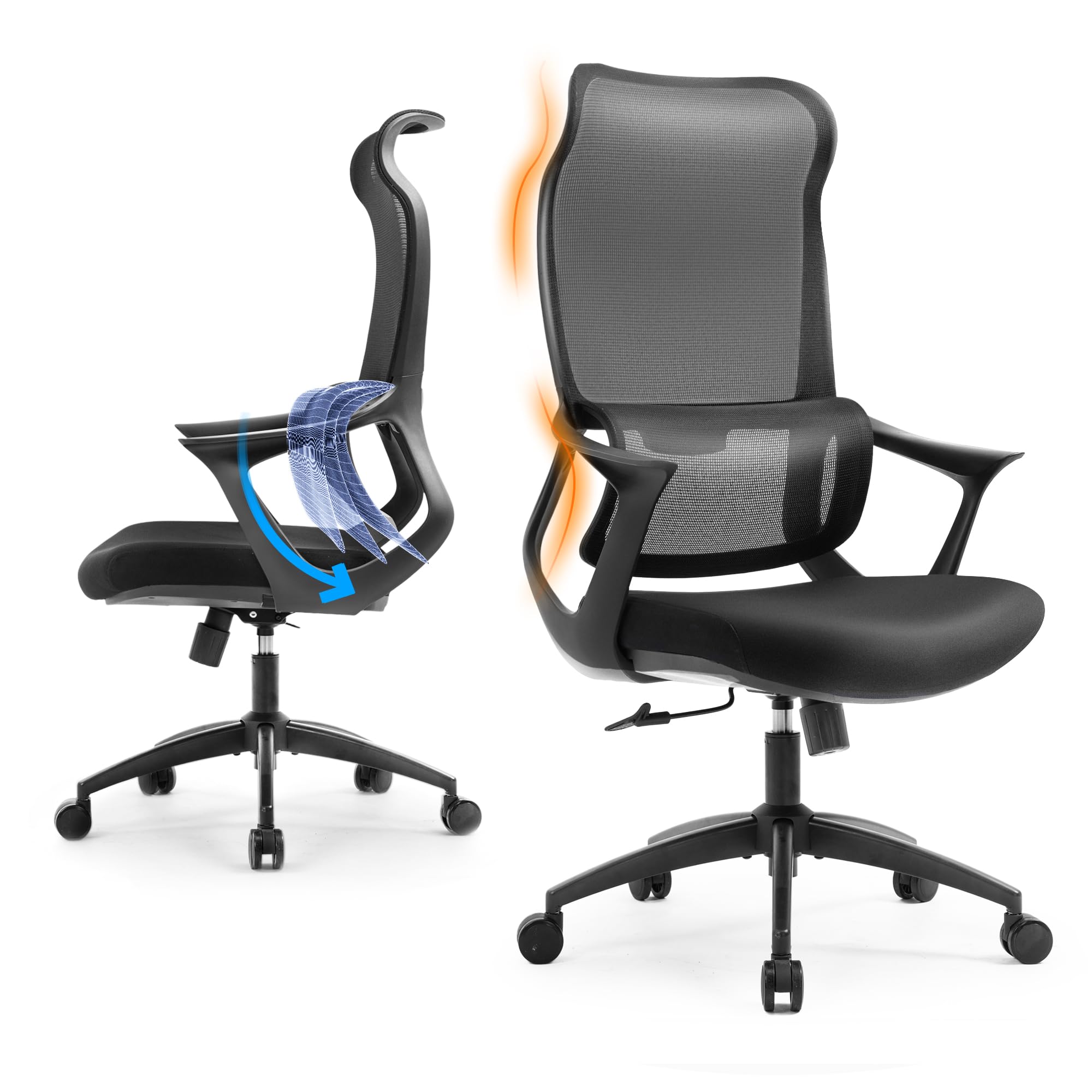 Office Chair-Ergonomic Computer Desk Chair, High Back Mesh home office chair, Big and Tall Office Chair with Lumbar Support, Large Computer Executive Desk Chair with Wide Thick Seat, 330lbs, Black