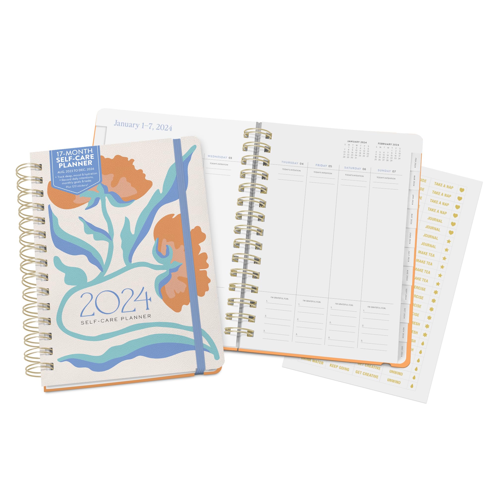 Orange Circle Studio 2024 Self Care Planner, Gratitude Journal, Spiral Notebook with Wellness Tracker, 17-Month Wire-O Bound Calendar Book, Monthly and Weekly Spread Views, Floral Flow