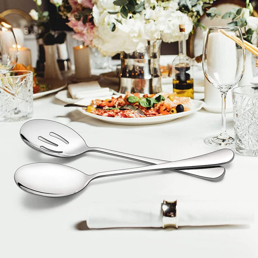 Serving Spoons Set, Oikejias 6 Pack Golden 8.7 Inches Buffet Serving Utensils 3 Mirror Polished Serving Spoons, 3 Slotted Spoons
