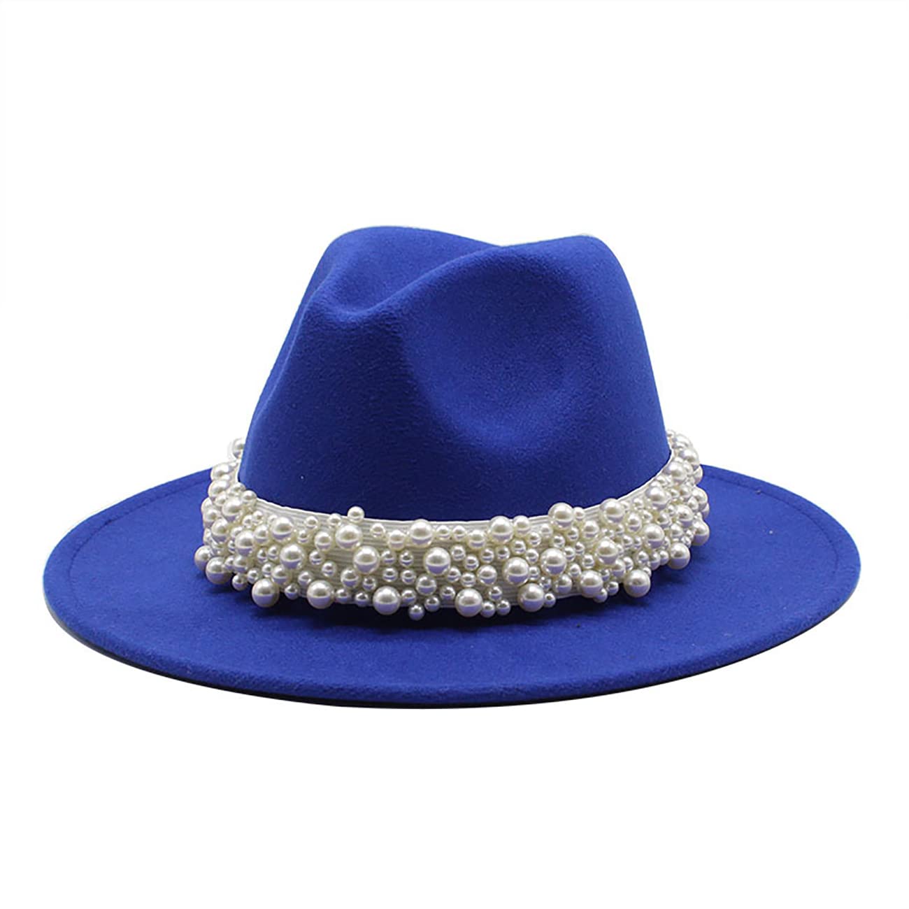 Qkrlamx Black Fedora Hats for Women Wool Panama Hat with Pearl Band Wide Brim Felt Hat Classic Trilby Hat Blue
