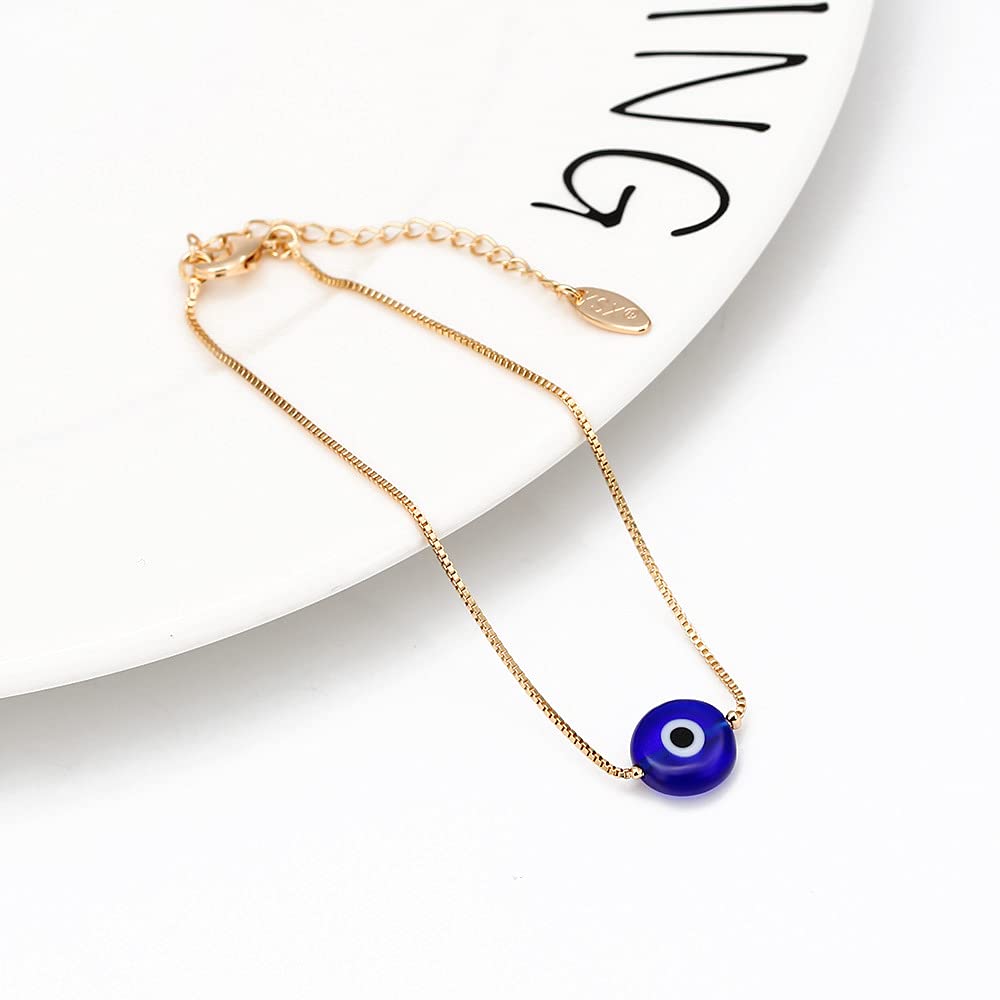 Pingyongchang Blue Turkish Evil Eye Beads Charm Bracelet Bohemian Devil Eye Hamsa Gold Colored Copper Chain Adjustable Bracelet for Women Men Jewelry-Blue