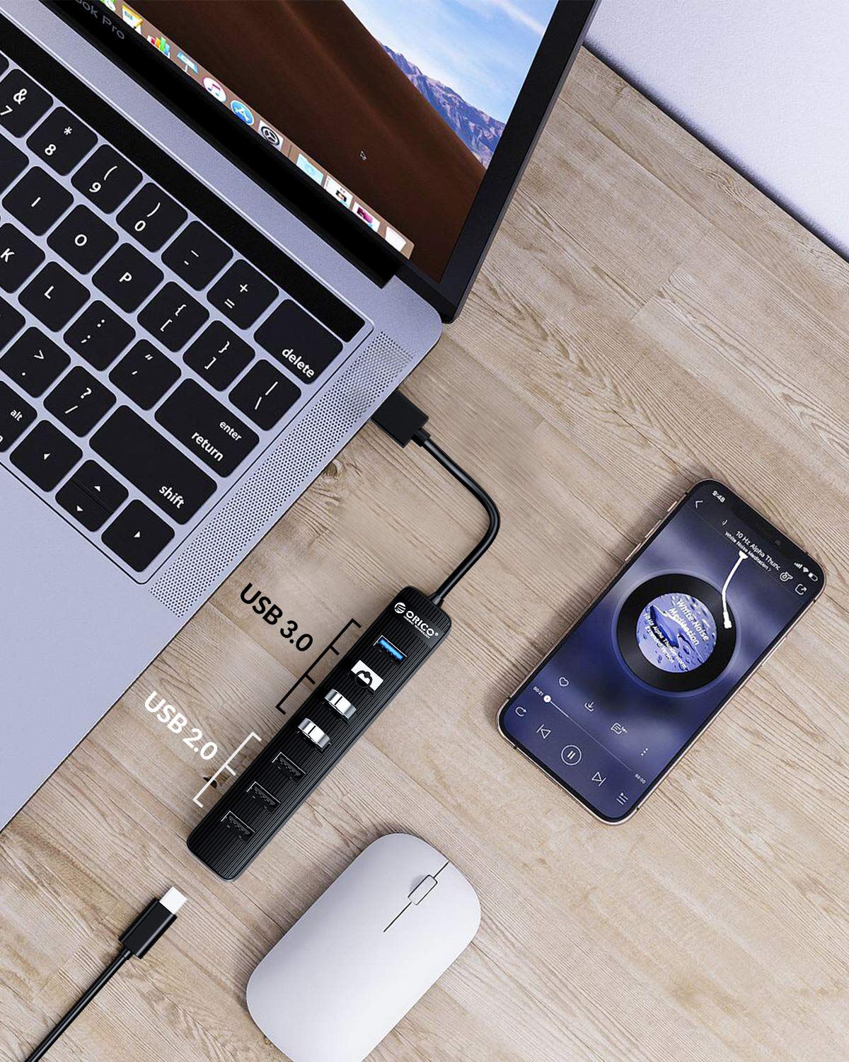 ORICO 7 Port USB Hub, USB 3.0 & 2.0 2-in-1 Data Hub with 5V Power Supply Port for MacBook, iMac, Surface Pro, XPS, Laptop, Flash Drives, Mobile HDD, Keyboard, Mouse and More