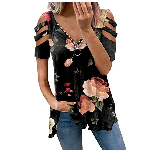 Women's Floral Printed Zip Cut Out Shoulder Short Sleeve T Shirt Top