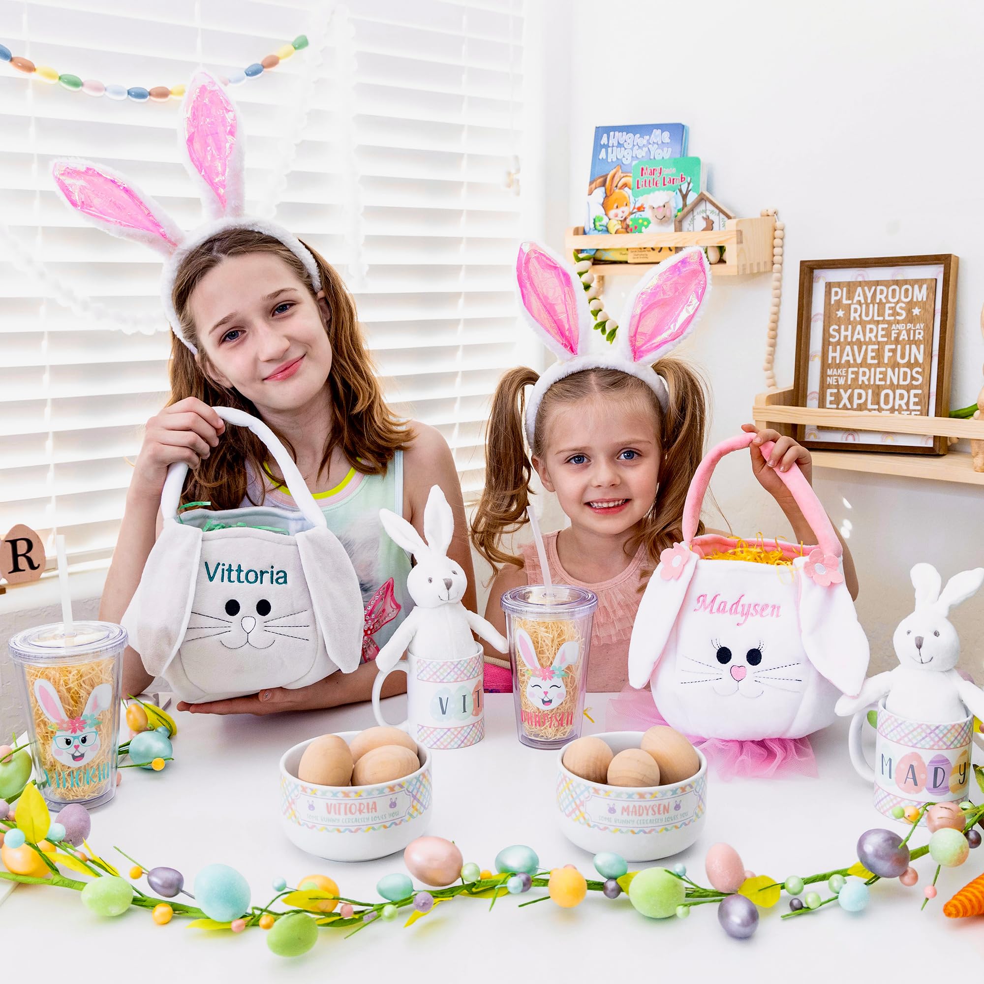 Personalization Universe Teal and Grey Personalized Easter Bunny Basket Bag, Embroidered Baby Name, Perfect for Easter Egg Hunts, Custom Easter Egg Hunt Accessory, Ideal For Easter Basket Stuffers