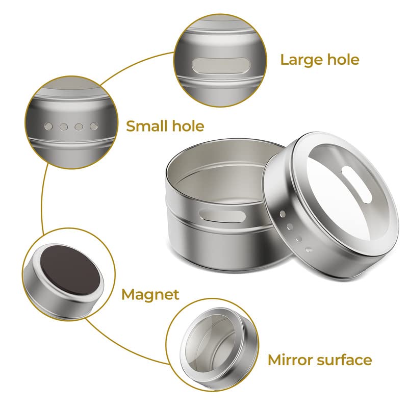 Vetacsion Set of 8 Magnetic Spice Tins with 2 Metal Wall-Plates,100 Preprinted Seasoning Label Stickers,2 Styles for 3 oz Herb Jars