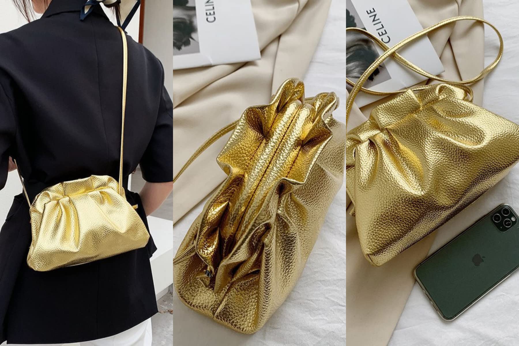Women Cloud-Shaped Dumpling Bag Fashion Ruched Crossbody Bag Cell Phone Clutch Purse Clip Shoulder Handbag