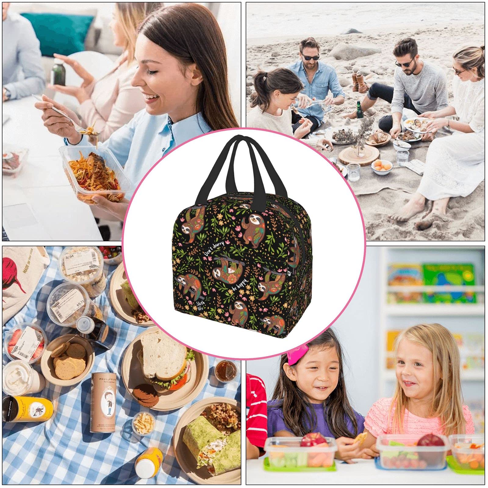 Sloth Insulated Lunch Bag with Front Pocket,Reusable Cooler Tote with Zipper for Men & Women
