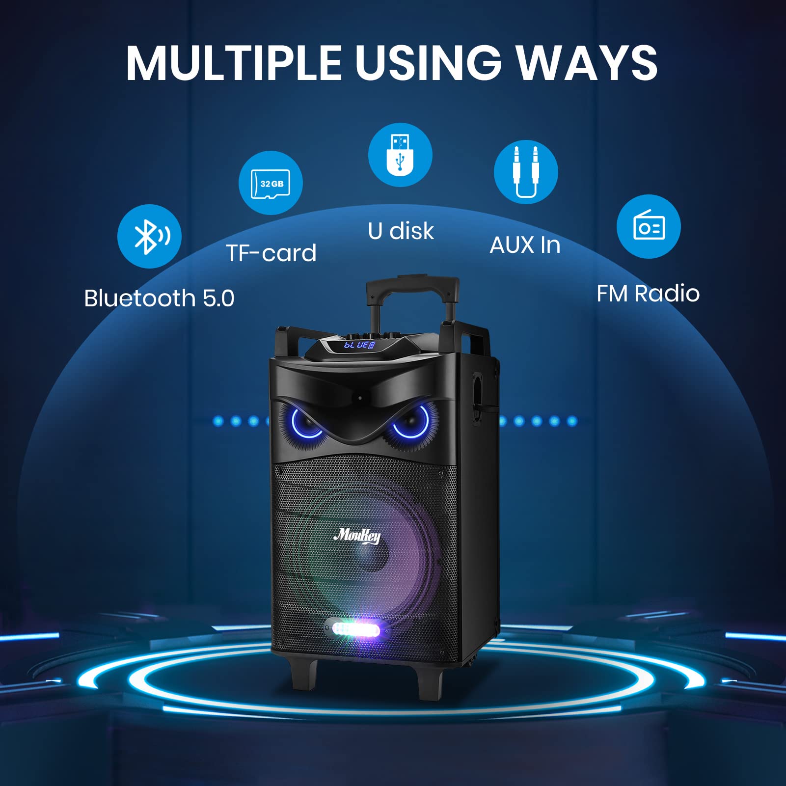Moukey Karaoke Machine, PA System Woofer, Portable Bluetooth Speaker w/ 2 Wireless Microphones, Lyrics Display Holder, Party Lights & Echo/Treble/Bass Adjustment, Support TWS/REC/AUX/MP3/USB/TF/FM