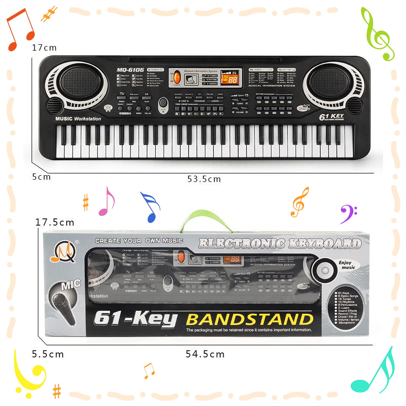 Simhoa 61-Key Digital Piano Keyboard with Microphone USB Rechargable for Bar Stage