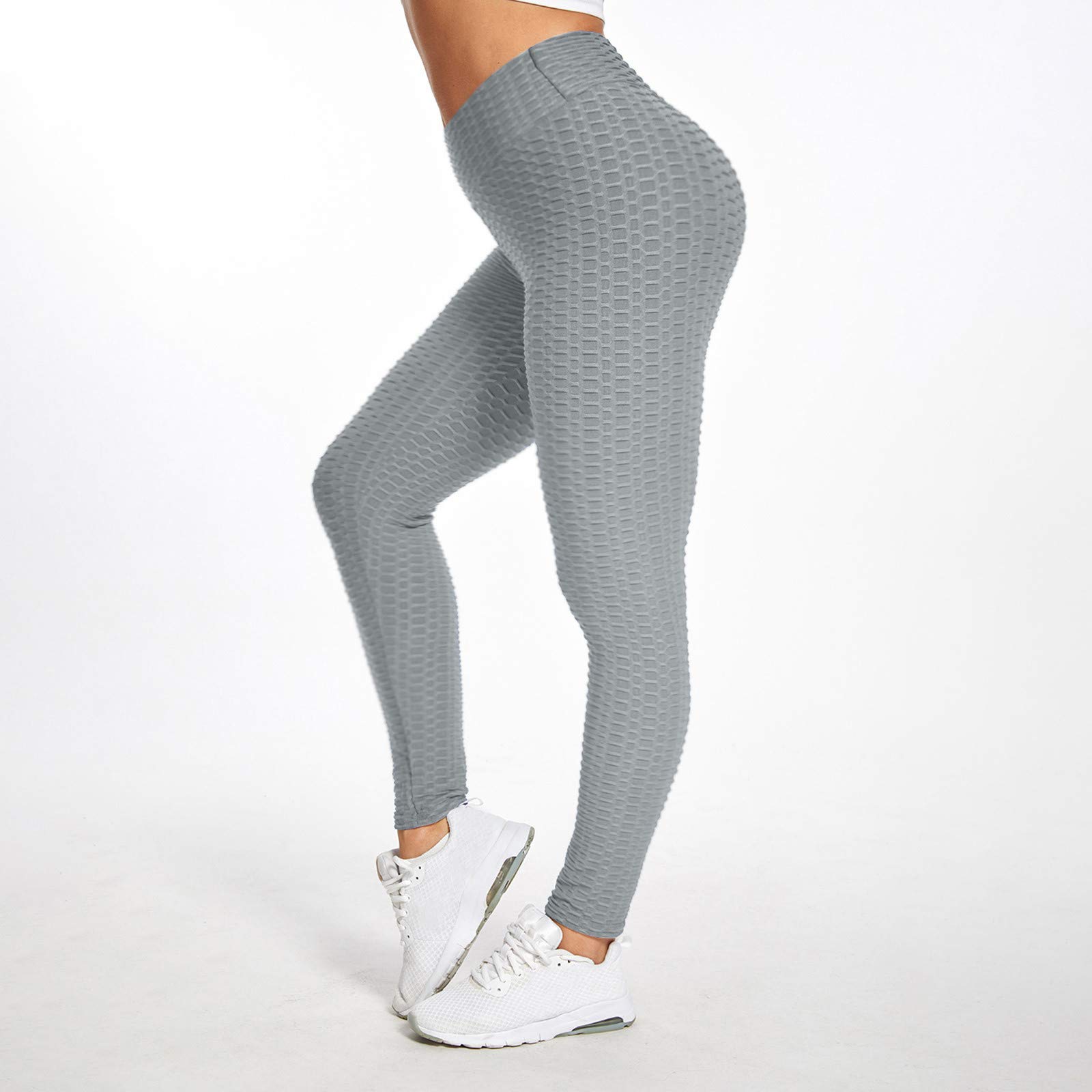 Women's High Waist Yoga Pants Tummy Control Slimming Booty Leggings Textured Workout Running Butt Lift Tights Gray