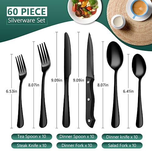 Qupoilke 60-Piece Black Silverware Set with Steak Knives Service for 10,Food Grade Stainless Steel Flatware Utensils Cutlery Set for Home Kitchen and Restaurant