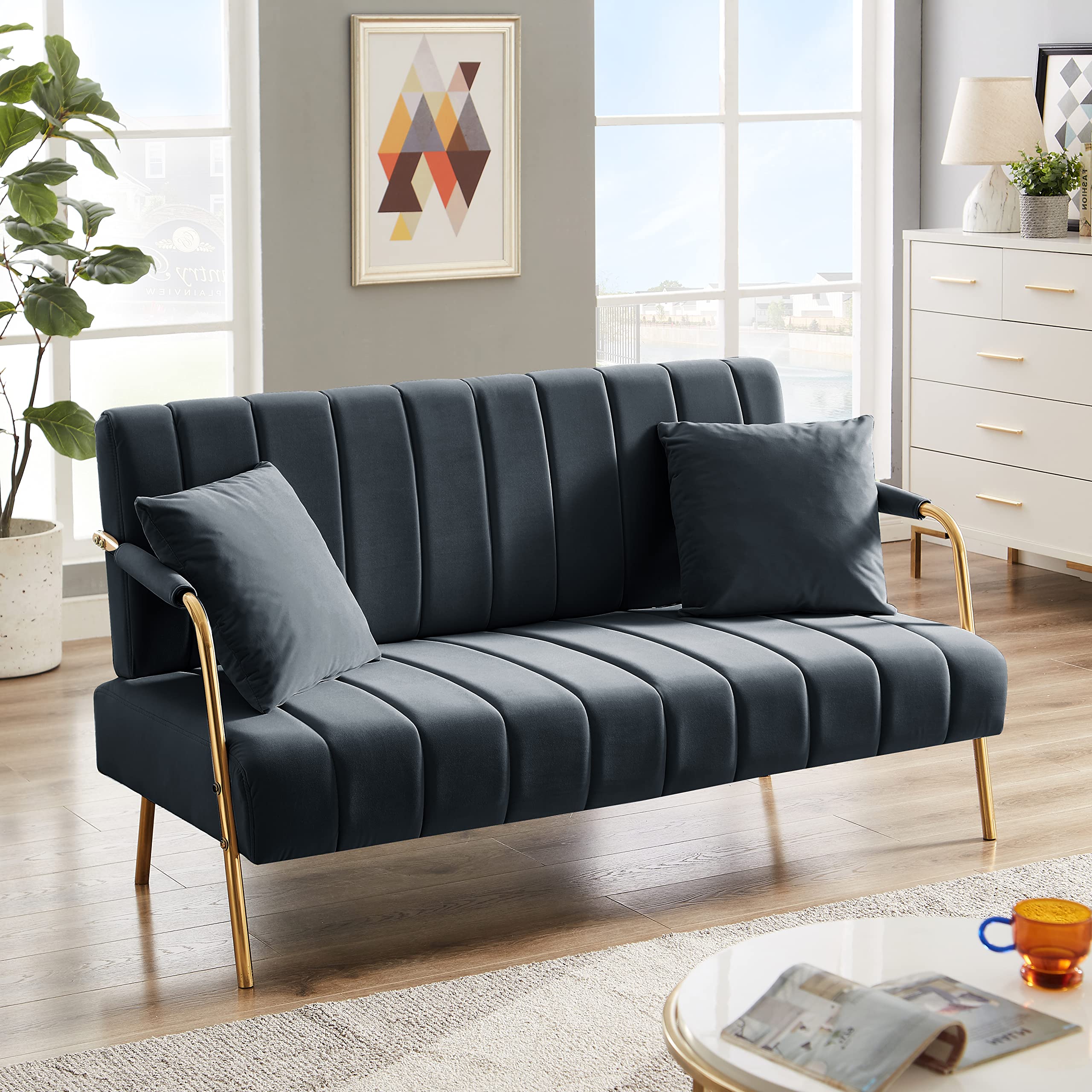 Majnesvon 61" Modern Loveseat Sofa Couch,Cashmere Fabric Small Love Seat w/2 Pillows and Metal Legs,2-Seater Upholstered Mini Sofa Couches for Small Space,Living Room Bedroom Apartments (Dark Grey)