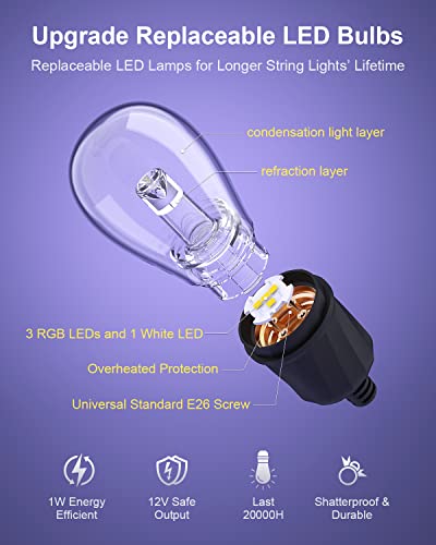 XMCOSY+ Patio Lights, 49Ft Smart Outdoor String Lights RGBW, 15 LED Bulbs, APP & WiFi Control, Compatible with Alexa, IP65 Waterproof String Lights for Outside, Color Changing Outdoor Patio Lights
