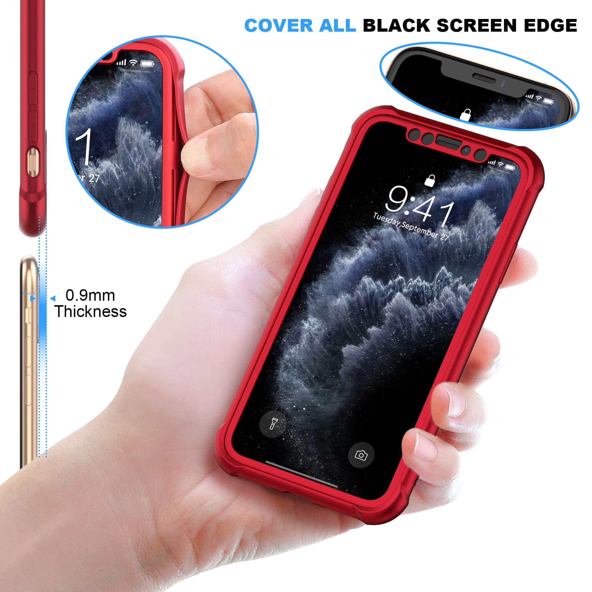 ORETECH iPhone 11 Pro Max Case, 360 Full Body Protection [2 x Tempered Glass Screen Protector], Hard PC & Soft Rubber Silicone Cover - 6.5" Red