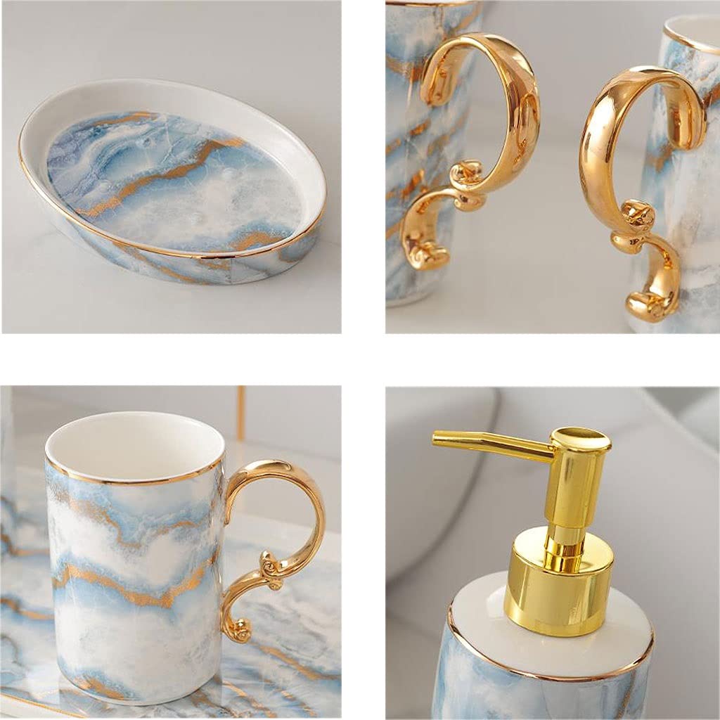 Soap Dispenser Ceramic Bathroom Accessories Set - 5 Pieces Bath Accessory Sets - Soap Dispenser Toothbrush Holder Soap Dish and Mouthwash Cup with Gold Rim Handles Soap Dispenser for Bathroom Kitchen
