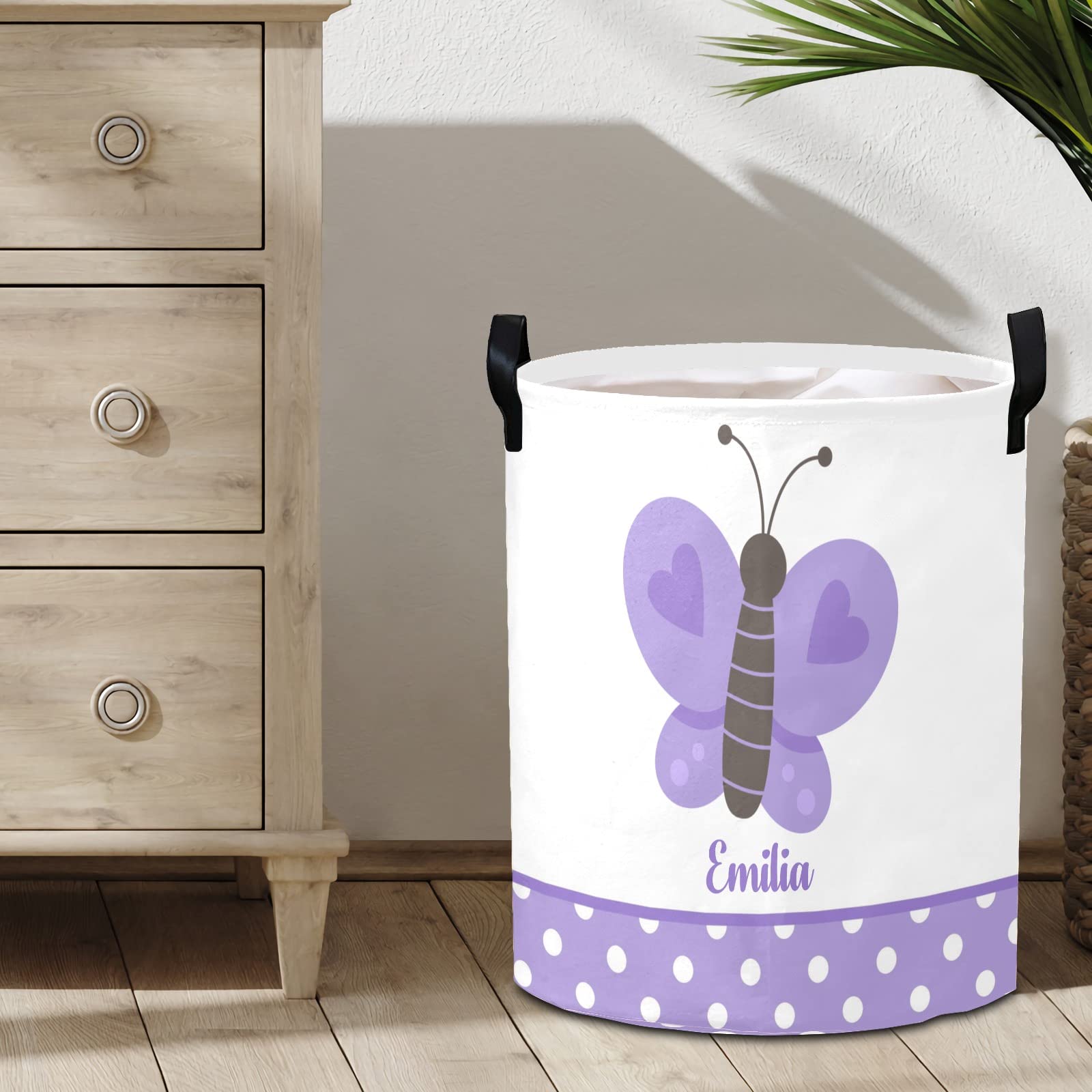 Personalized Laundry Basket Hamper,Butterfly Dots Purple,Collapsible Storage Baskets with Handles for Kids Room,Clothes, Nursery Decor