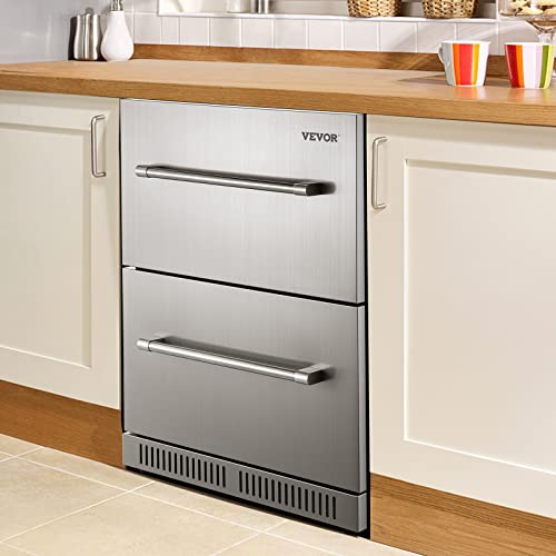 vevor 24" Undercounter Built-in Refrigerator, 5.12 Cu.ft. Double Drawer Indoor/Outdoor Beverage Fridge with Embraco compressor,32-50°F Cooling Range, Ventilated Cooling for Home and Commercial Use