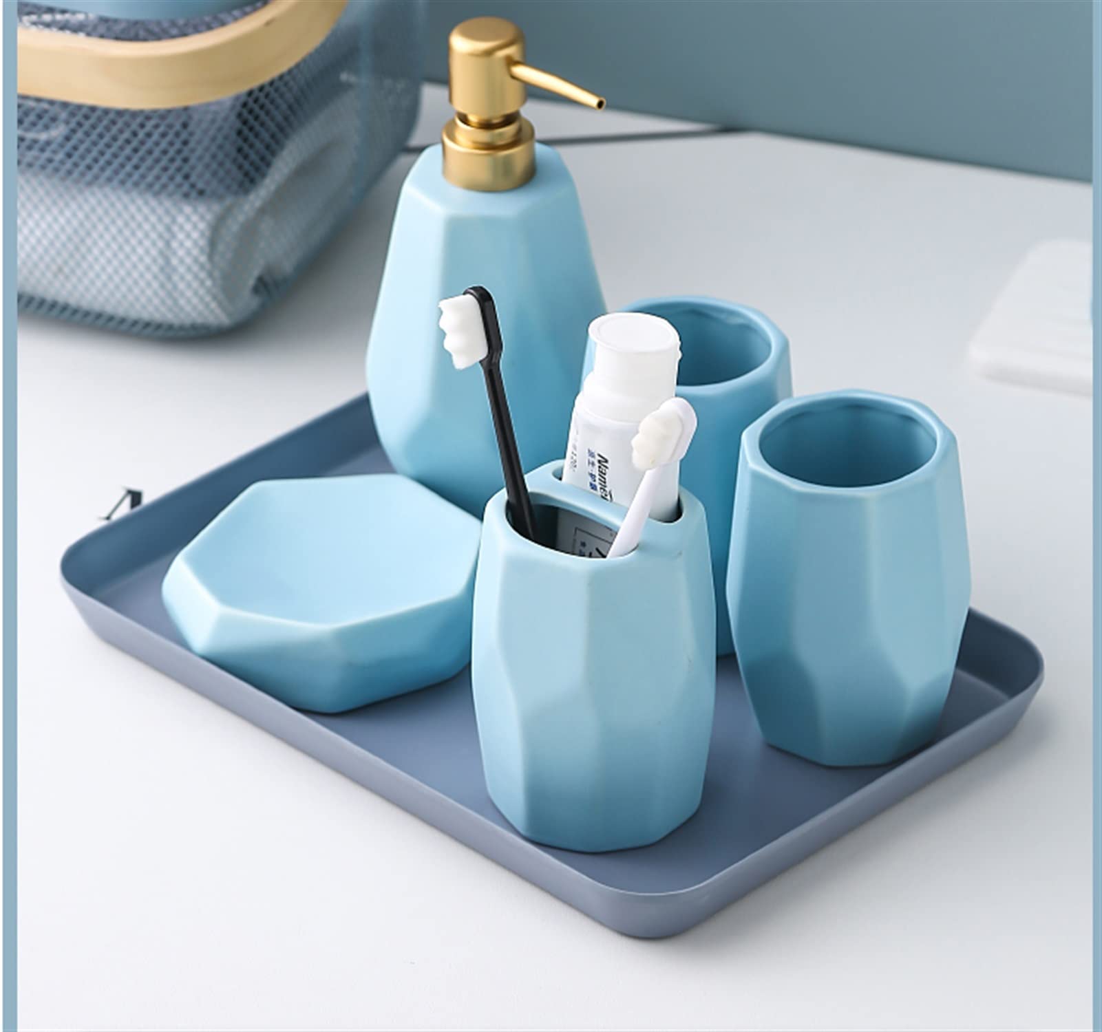 Soap Dispenser Ceramic Soap Dispenser Bathroom Decoration Toothbrush Holder Soap Box ABS Pump Head Lotion Bottle Toothbrush Cup Toothpaste Dispenser Tray Set Bathroom Soap Dispenser ( Color : 6pcs-bro