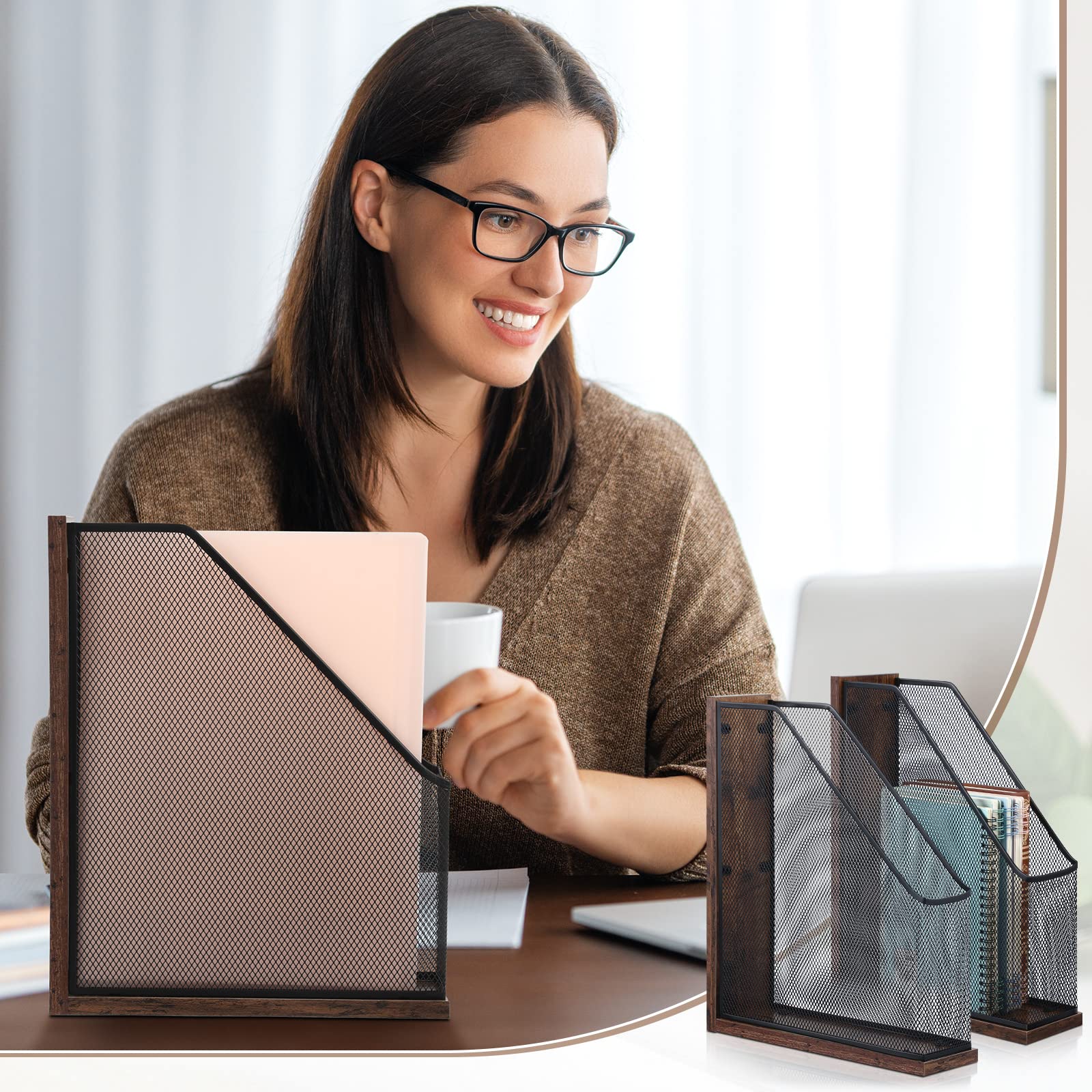 Perkoop 2 Pcs Mesh Magazine File Holder Metal Wooden Magazine File Holder Antique Mesh Wire File Organizer Desktop Magazine Rack Metal Desk Organizer for Document Folder School Office File Storage