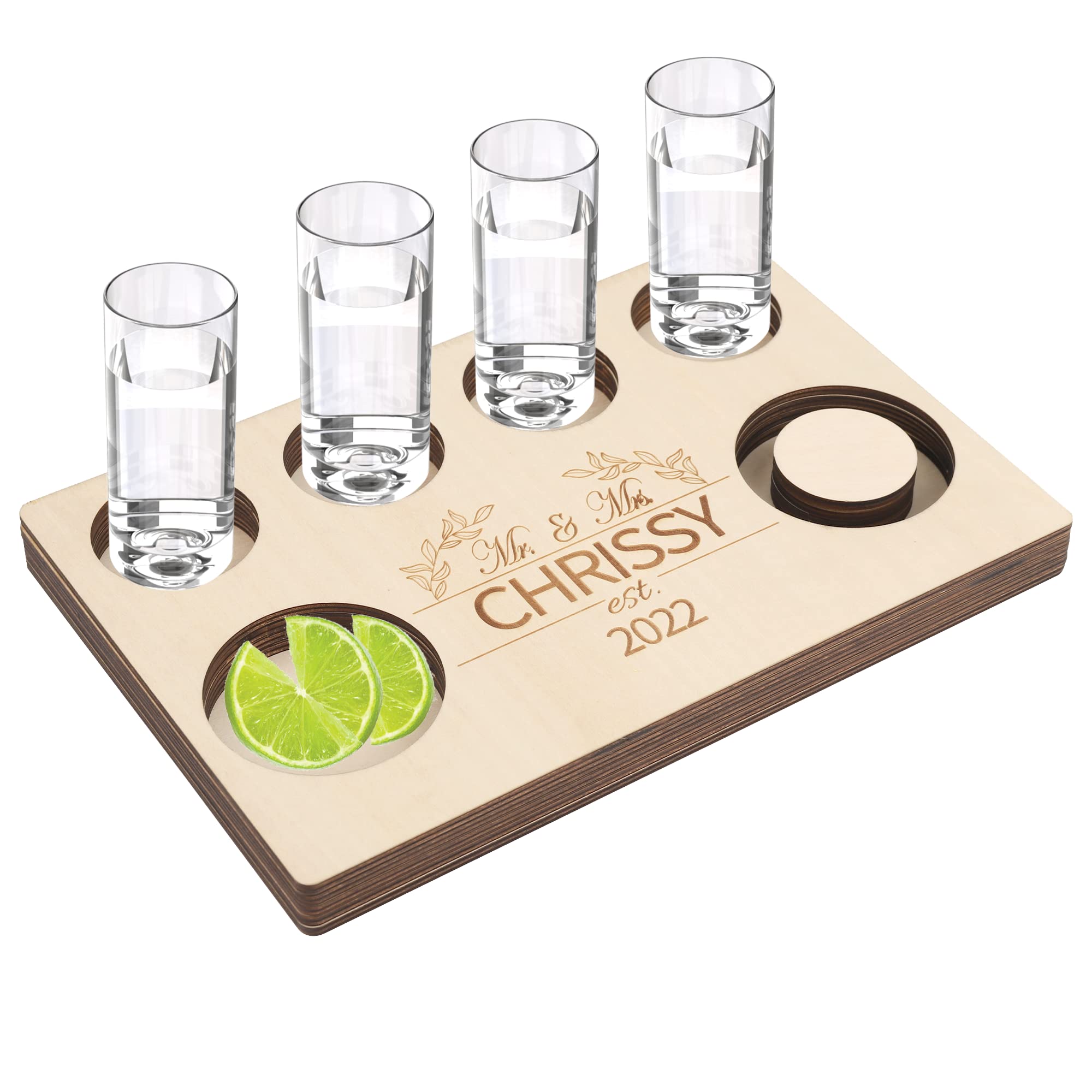 ROXIQ Tequila Trays Handmade Mr & Mrs Tequila Flight Board Serving Tray Personalized Shot Glass Holder Display w/ Salt Rim Wooden Bar Tray Liquor Birthday Party Housewarming MenGifts, 31x18x1.5cm
