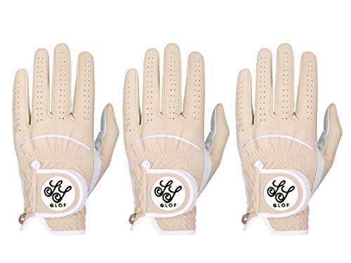 SIMPLE SYMBOL Men's Golf Glove Left Hand High Grade Leather Three Pack (L/Beige, S, Left)