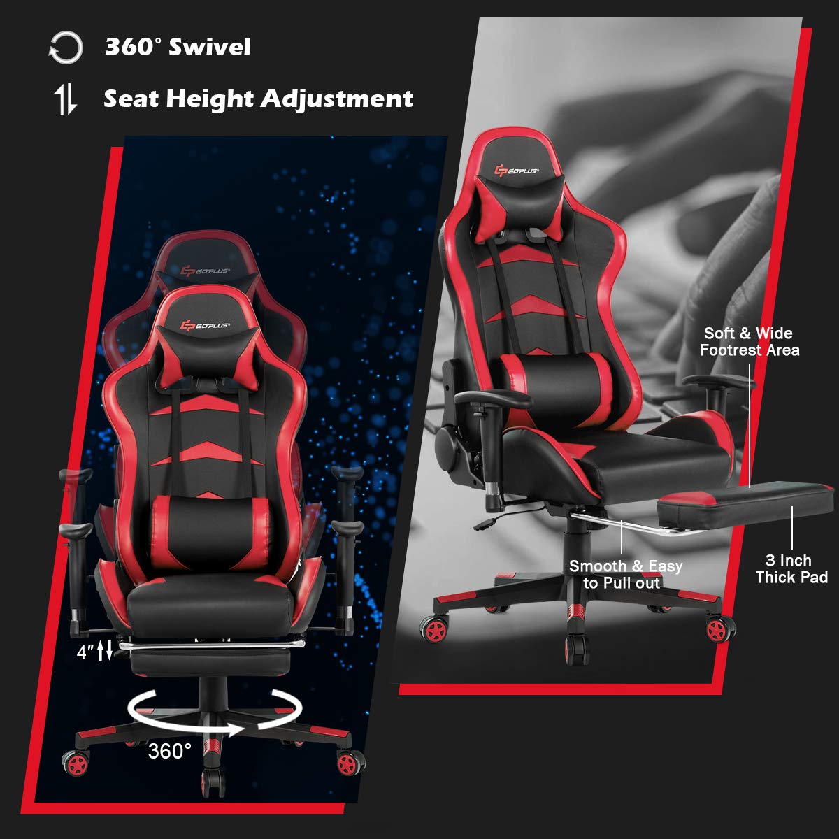 POWERSTONE Gaming Chair with Footrest Massage Ergonomic Office Computer Game Racing E-Sports Chair Lumbar Massage Pillow Footrest Headrest High-Back Leather Recliner Rolling Swivel Chair Red