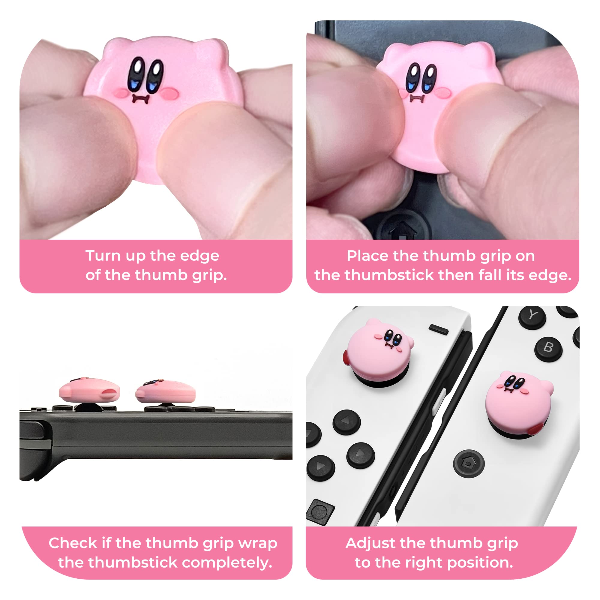Switch Thumb Grips Joystick Caps Compatible with Nintendo Switch/OLED/Lite Kirby Controller, PALPOW Cute Silicone Analog Stick Cover, 4PCS - Pink Puffball