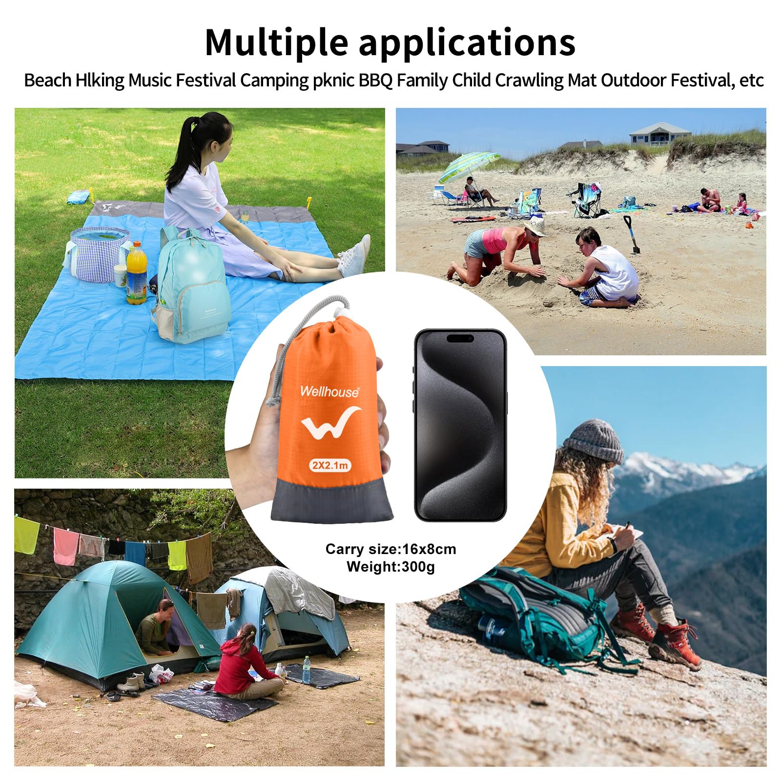 Sandproof Beach Blanket 79in x 83in Camping Mat Waterproof Picnic Blankets with Floating Waterproof Phone Pouch Washable Rug for Travel Hiking Music Grass BBQ Trips Lightweight Quick Drying Orange