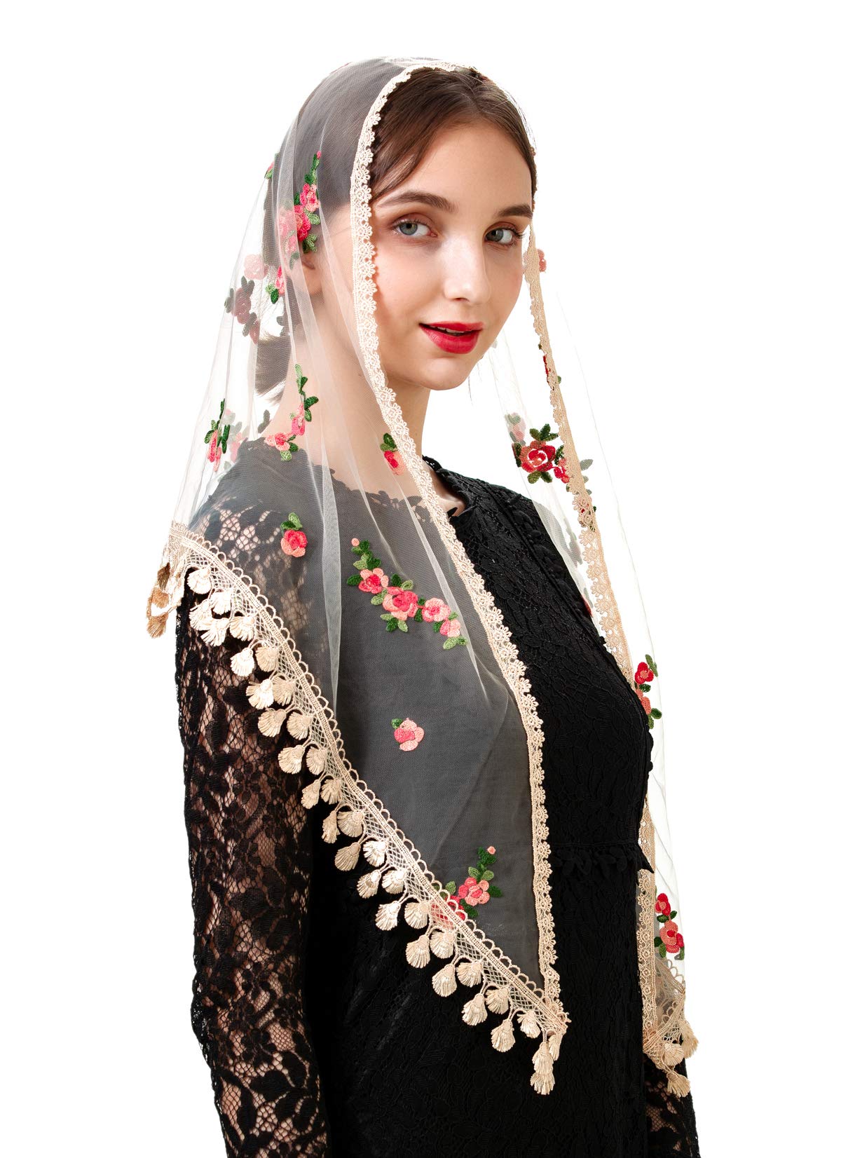 PAMOR Triangle Little Flower Chapel Veils Embroidered Scarf Shawl Latin Mass Head Covering Mantilla Veil for Church (Champagne Rose)