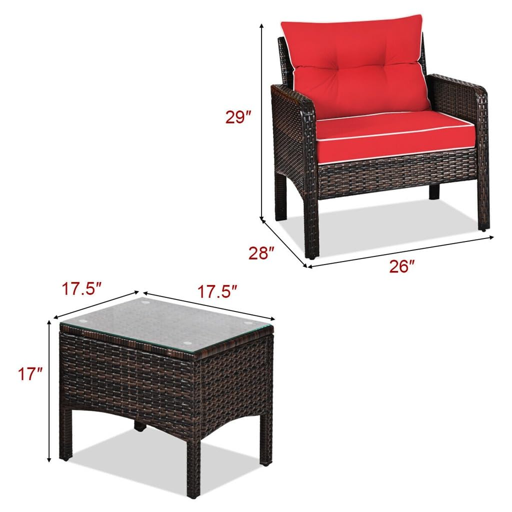 LIUJUN 3PCS Outdoor Rattan Conversation Set Patio Furniture Cushioned Sofa Chair Red