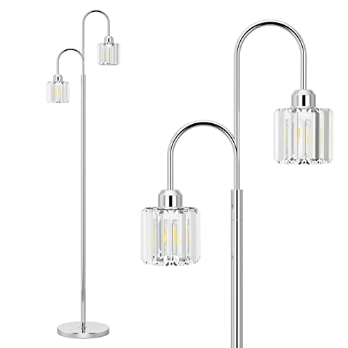 Ralbay Crystal Chrome Floor Lamp, 2-Light Modern Crystal Floor Lamp, Crystal Chrome Tall Lamp Tree Glam Floor Lamp for Living Room Bedroom (Bulb Excluded)