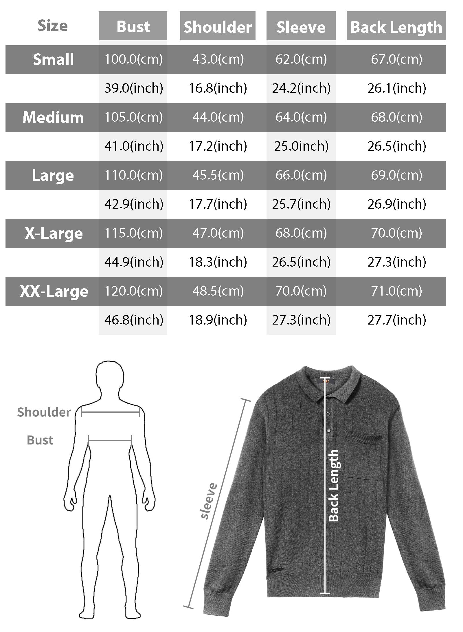 SPIEZ Merino Wool Mens Polo Shirts Collar Pullover Knitted Sweater for Men Vintage Long Sleeve Bowling Shirt Comfortable Fit Dark Grey Large