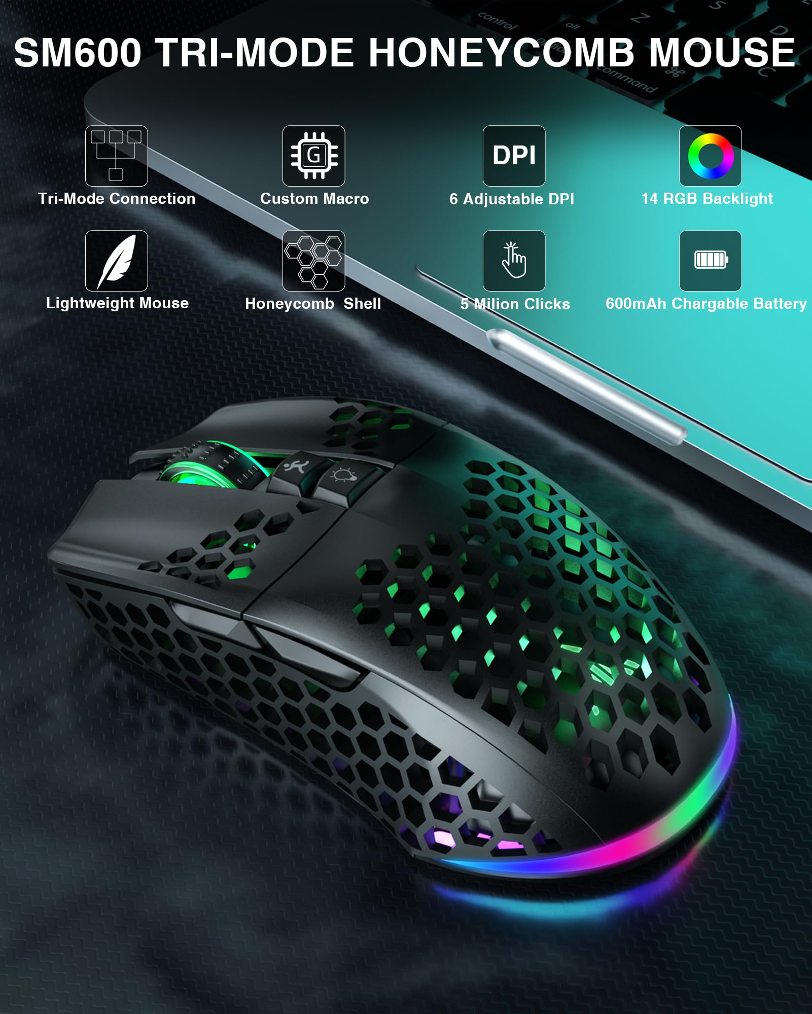 SOLAKAKA Lightweight Wireless Gaming Mouse Bluetooth with Honeycomb Shell, Side Buttons, RGB Lights, (2.4G/BT5.0) Ergonomic Optical Rechargeable Computer Mice for Windows PC/Mac - Black