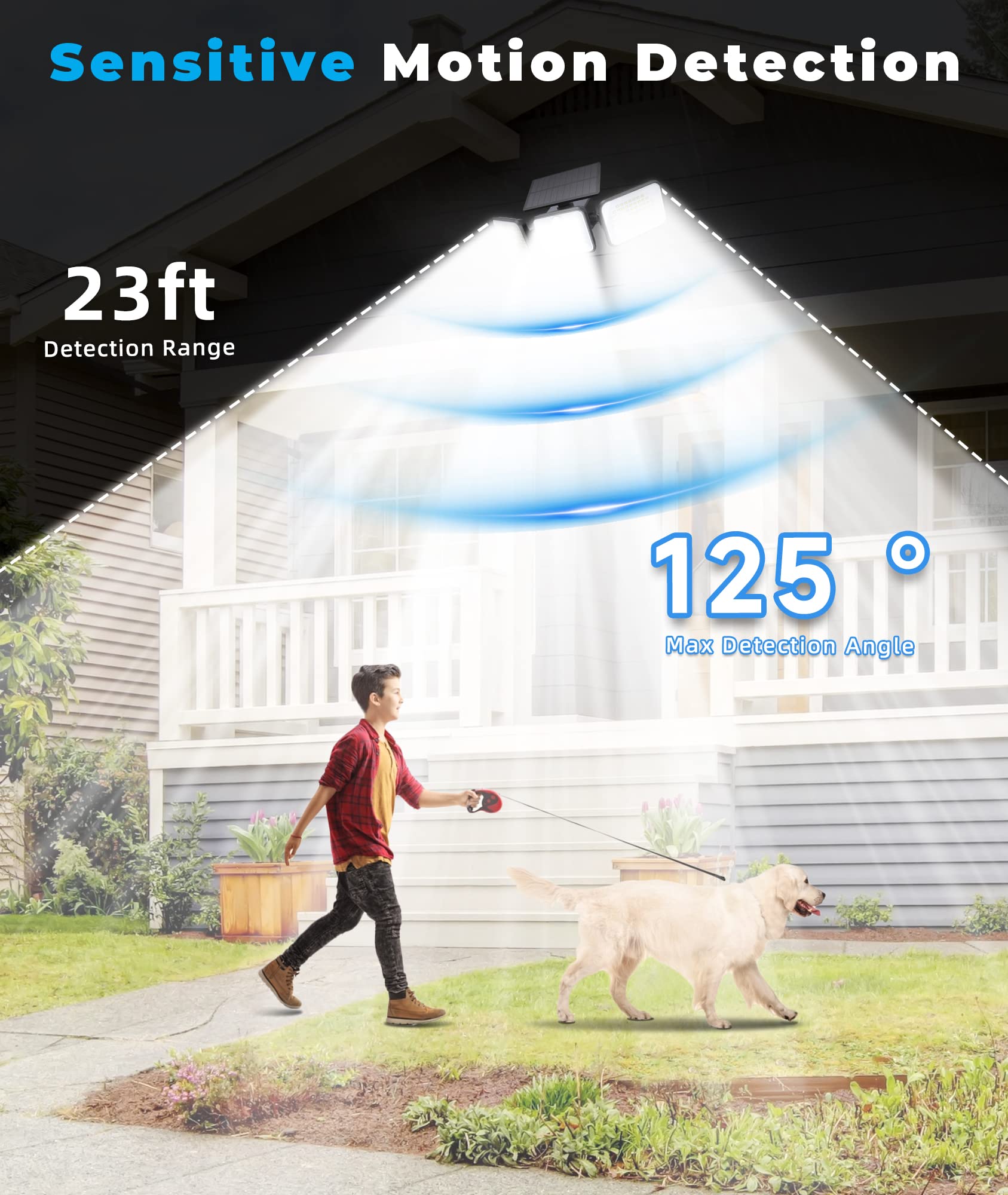 Solar Outdoor Lights 2000LM 180 LEDs, Solar Flood Lights Outdoor Motion Sensor with Remote, 3 Adjustable Heads, 360° Illumination, 3 Lighting Modes, IP65 Solar Security Lights for Garage Yard 2 Pack