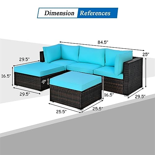 LIUJUN 5PCS Patio Rattan Furniture Set Sectional Conversation Set Ottoman Turquoise
