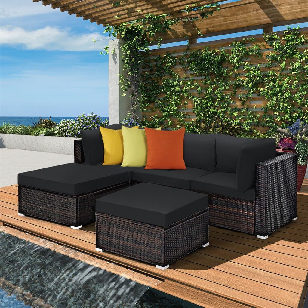 LIUZH 5PCS Patio Rattan Furniture Set Sectional Conversation Set Ottoman Table Black