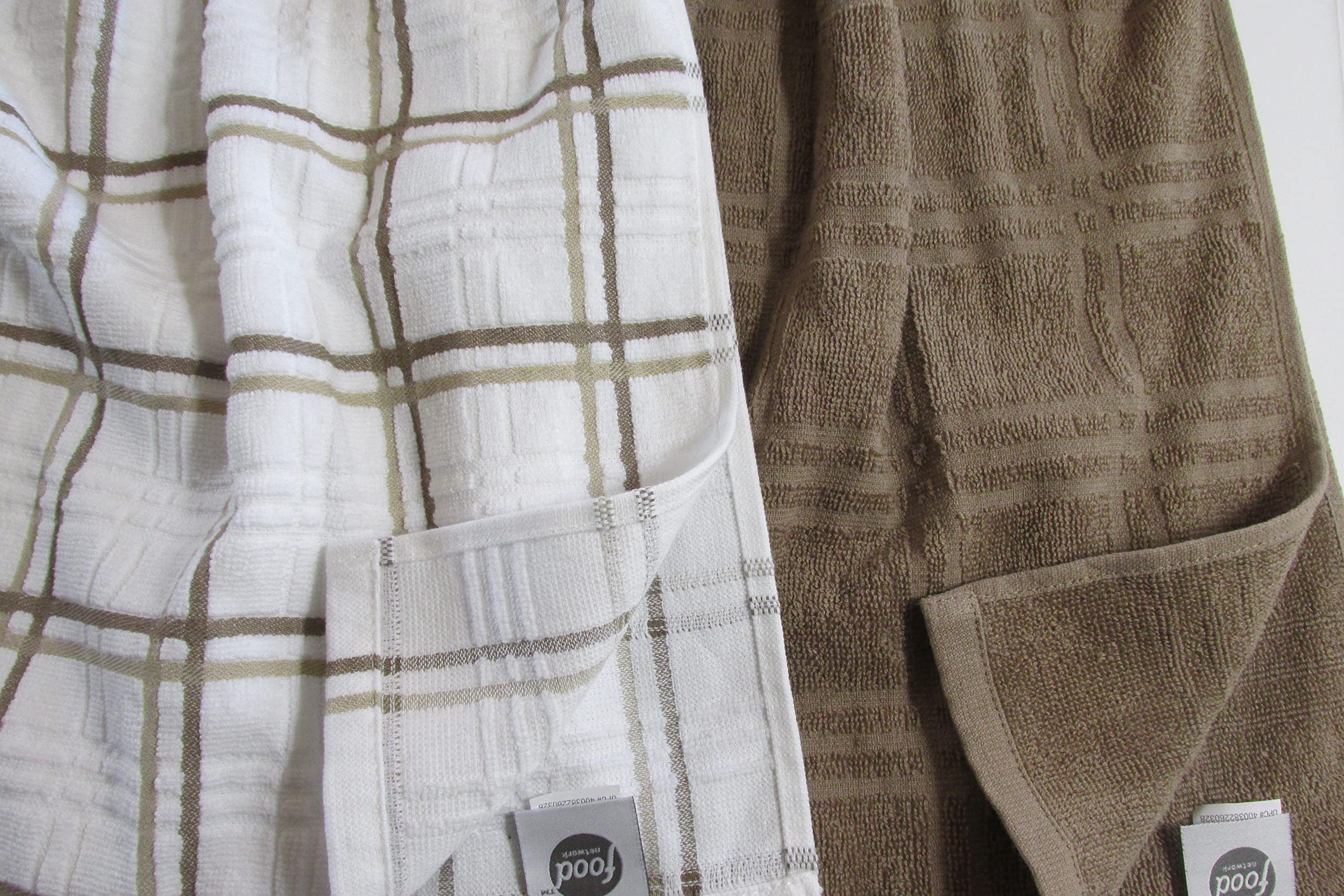Set of 2 Tan Double Thickness Kitchen Towels - Hanging Towels - Light Brown & White Plaid Design with Cream Cotton Crochet Top - Moms Gift - Best Quality Towels