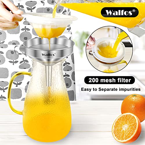 Walfos 3Pcs Kitchen Funnel with 2 Removable Strainer & 1 Cleaning Brush & 1Pc 200 Mesh Food Filter Strainer, Food Grade Stainless Steel Funnel for Transferring of Liquid, Oils, Jam, Dry Ingredients