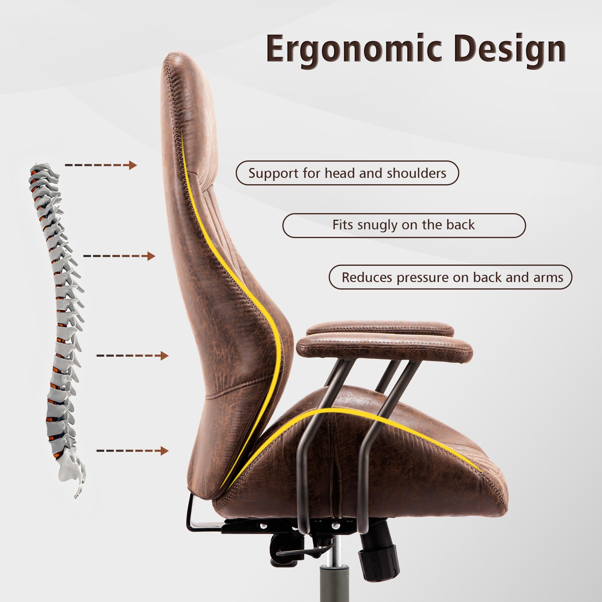 ovios Office Chair, Mid Century Modern Chair with Lumbar Support, Ergonomic High Back Suede Leather Executive Chair with Swivel Rolling Wheels, Dark Brown