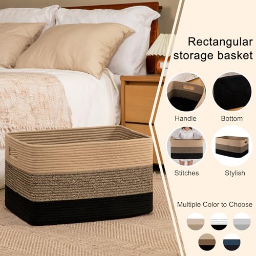 OIAHOMY Large Cotton Rope Basket, Rectangle Woven Baskets for Storage, Nursery Blanket Basket Living Room, Toy Basket with Handle, Large Baskets for Organizing-22βx17βx12β-Yellow Black